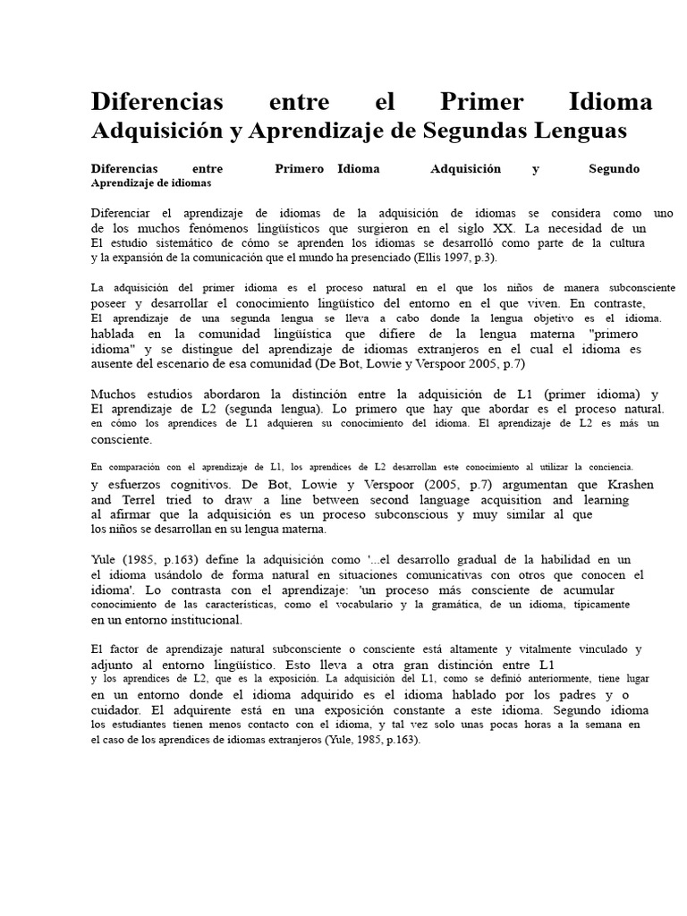Diferencias Entre La Adquisición de La Primera Lengua y El Aprendizaje ...