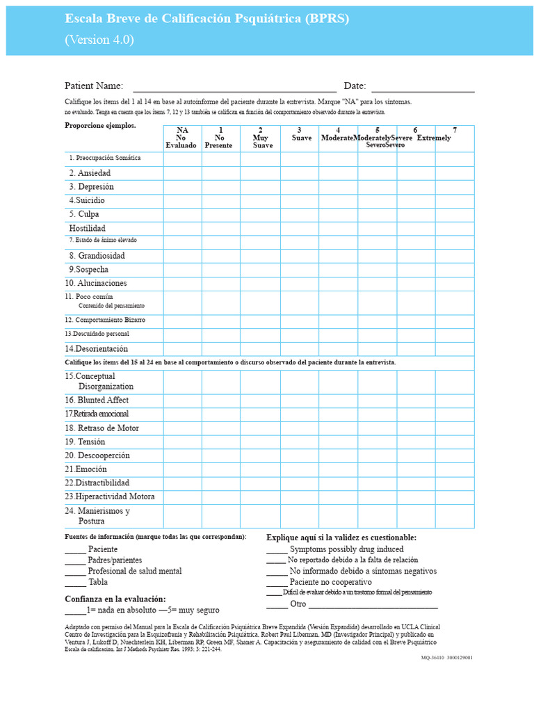 Escala BPRS para Evaluación Psquiátrica | PDF | Esquizofrenia ...