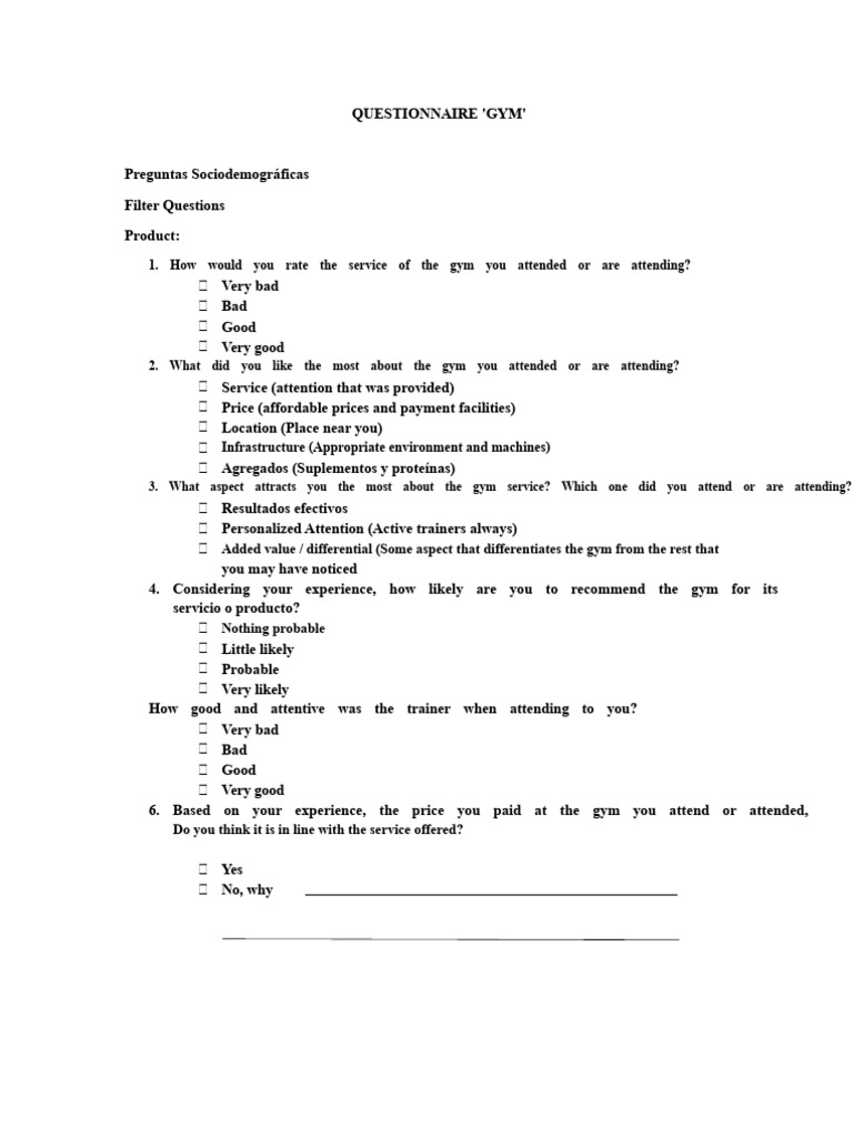 Gym Service Satisfaction Questionnaire | PDF