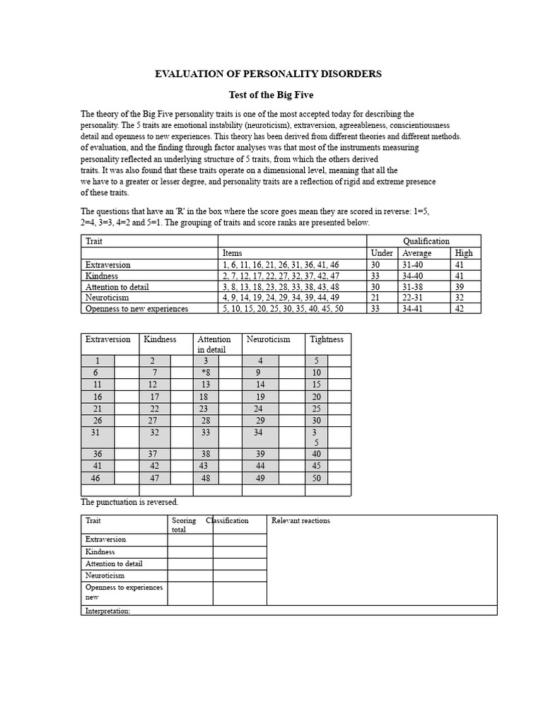 Big Five Personality Traits Evaluation | PDF | Psychological Theories ...