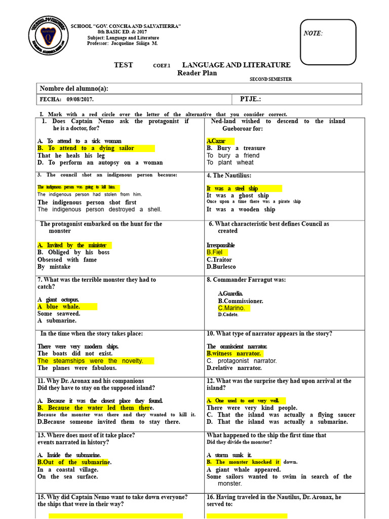8th Grade Language Literature Test | PDF