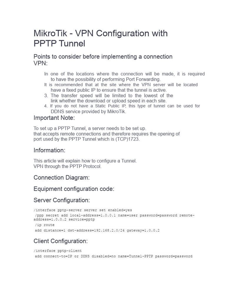 MikroTik - VPN Configuration with PPTP Tunnel.docx | PDF | Virtual ...