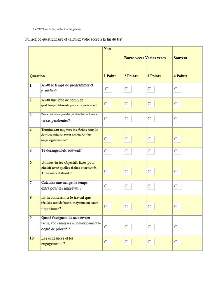 Test d'organisation et gestion du temps | PDF