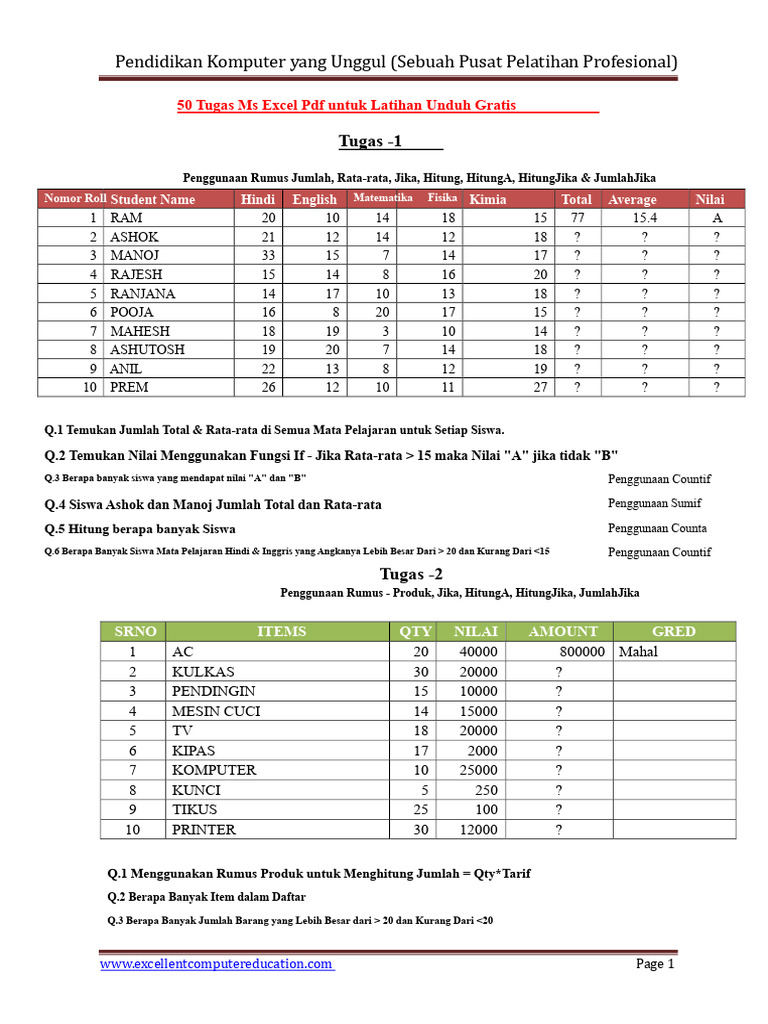 Tugas Excel Gratis untuk Latihan Siswa | PDF