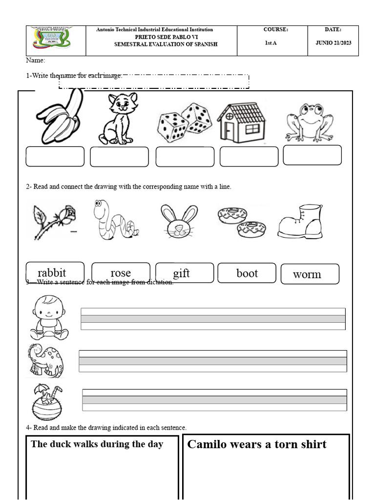 Semestral Evaluation of Spanish Grade 1 | PDF