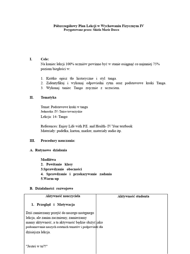 Szczegółowy Plan Lekcji Tańca Tango | PDF