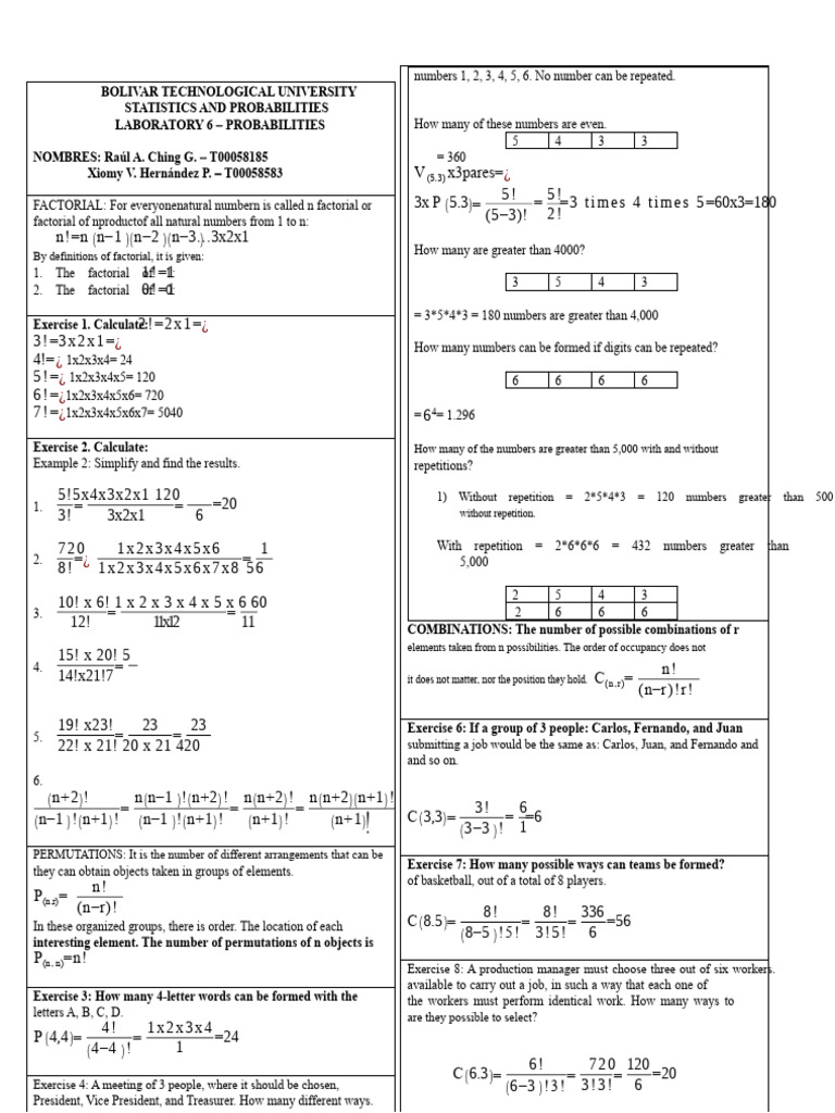 Laboratory 6. Probabilities.docx | PDF | Permutation | Probability