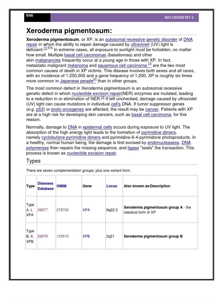 Xeroderma Pigmentosum | PDF | Genetics | Biochemistry