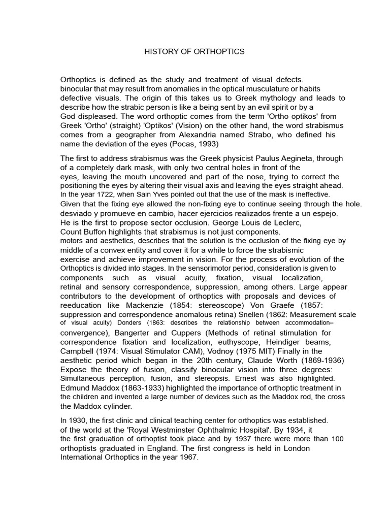 HISTORY OF ORTHOPTICS Valentina | PDF | Ophthalmology | Vision