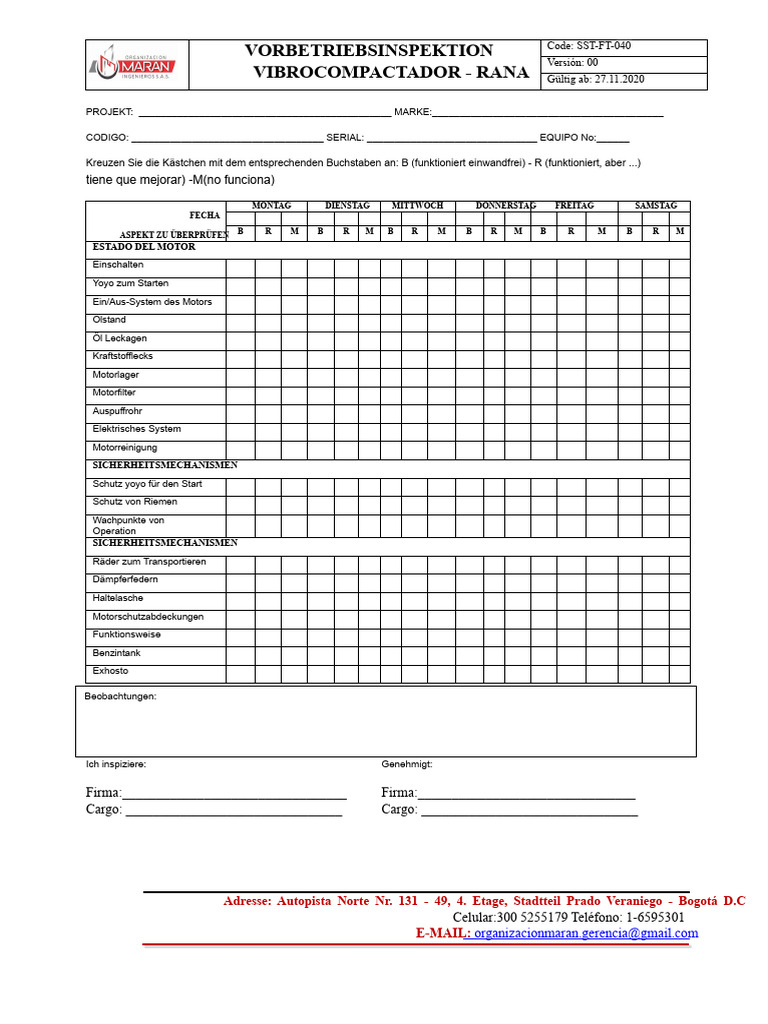 SST-FT-040 Formular für die Vorbetriebnahme des Vibrokompaktors Rana ...