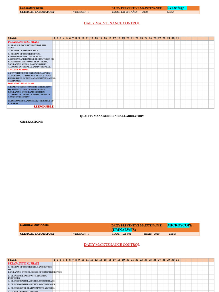 Daily Maintenance of Clinical Laboratory Equipment. - Check List 2020 ...