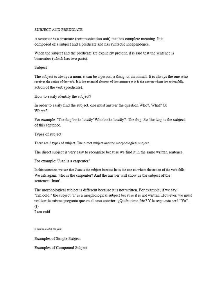 Subject and Predicate | PDF | Subject (Grammar) | Verb