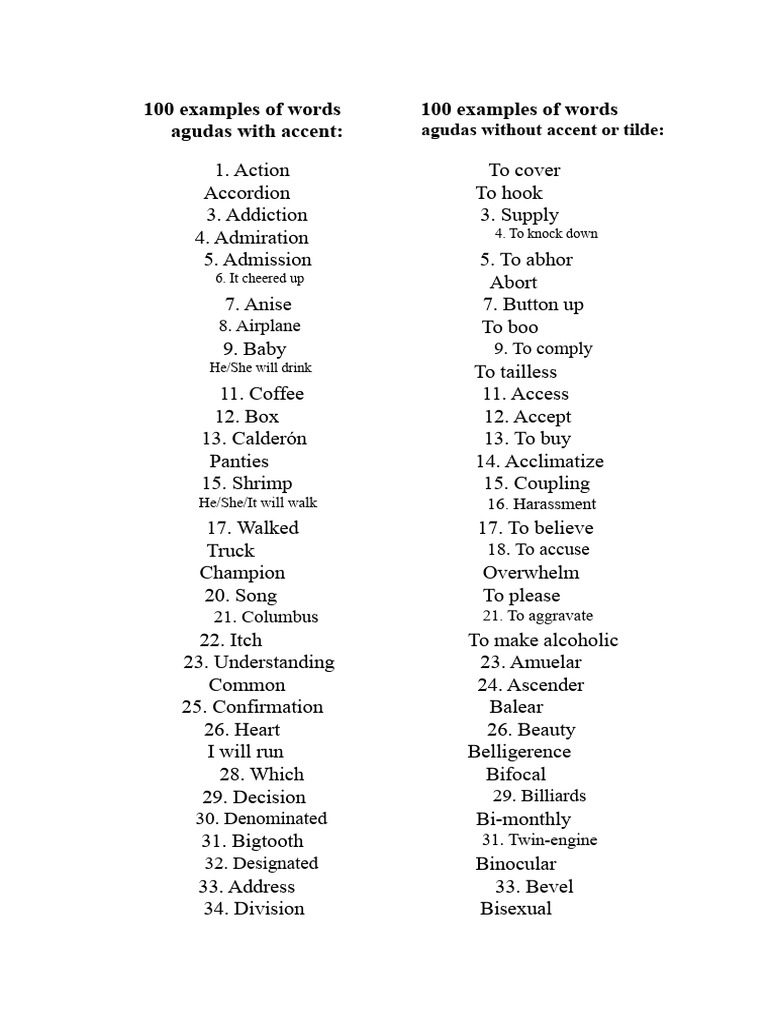 100 Examples of Acute Words With Accent | PDF