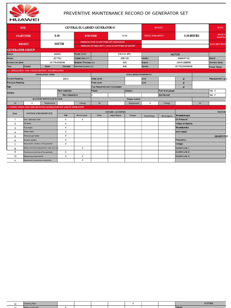 Preventive Maintenance Log of Electric Generator Group Sdmo | PDF ...