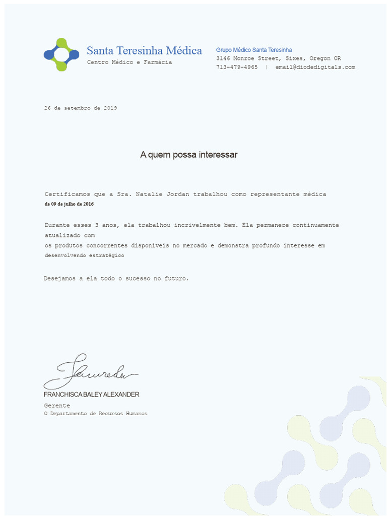 Certificação de Natalie Jordan como Representante Médica | PDF