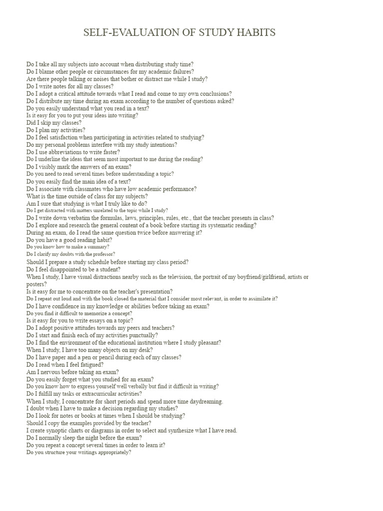 Study Habits Questionnaire of Jose Luis Diaz Vega | PDF | Cognitive ...