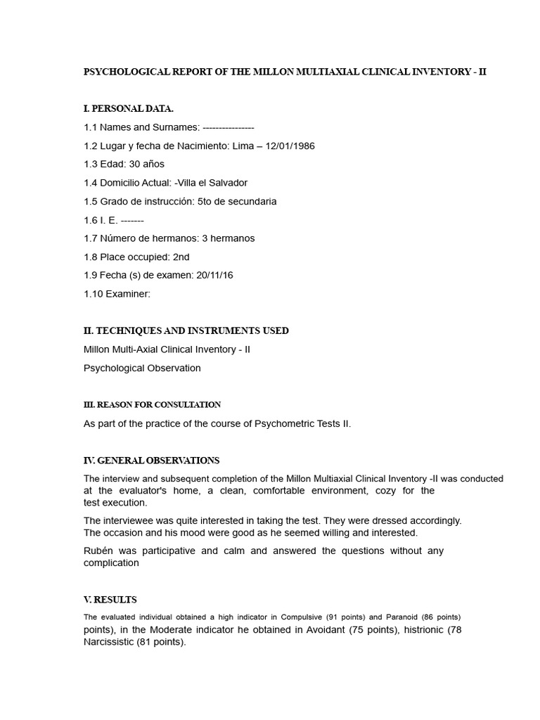 Model of Psychological Report of the Millon Multiaxial Clinical ...