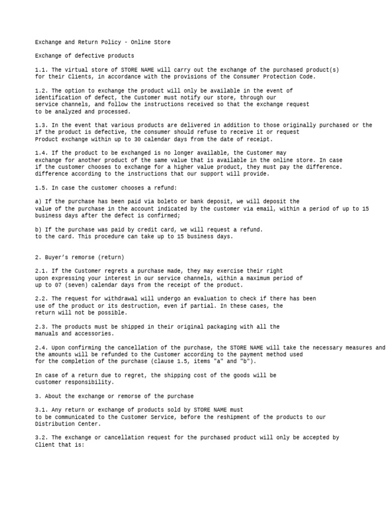 Template - Exchange and Return Policy | PDF | Online Shopping | Receipt