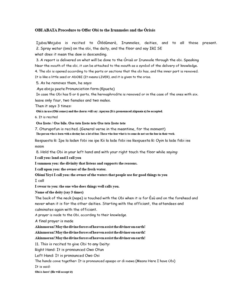 OBI ABATA Procedure To Offer Obi To The Irunmoles and The Órisás | PDF ...
