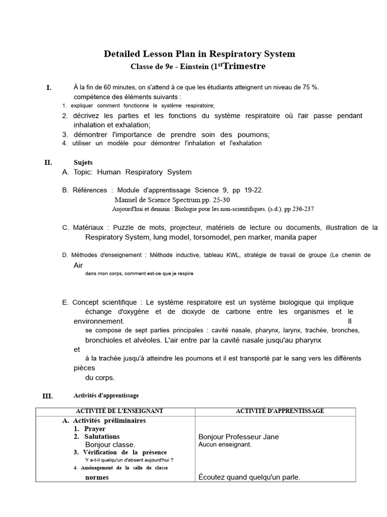 Plan de leçon sur le système respiratoire | PDF | Système respiratoire ...