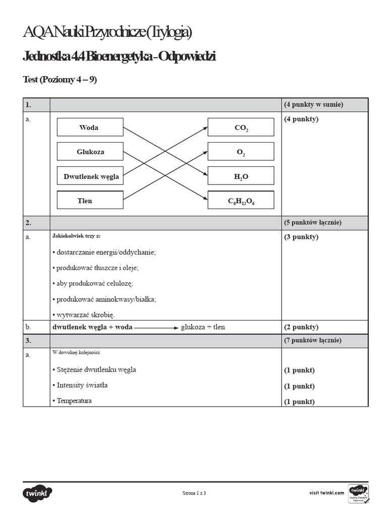 AQA Trylogia Jednostka 4.4 Bioenergetyka - Odpowiedzi | PDF