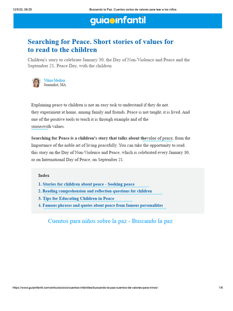 Seeking Peace. Short stories of values to read to children. | PDF | Peace