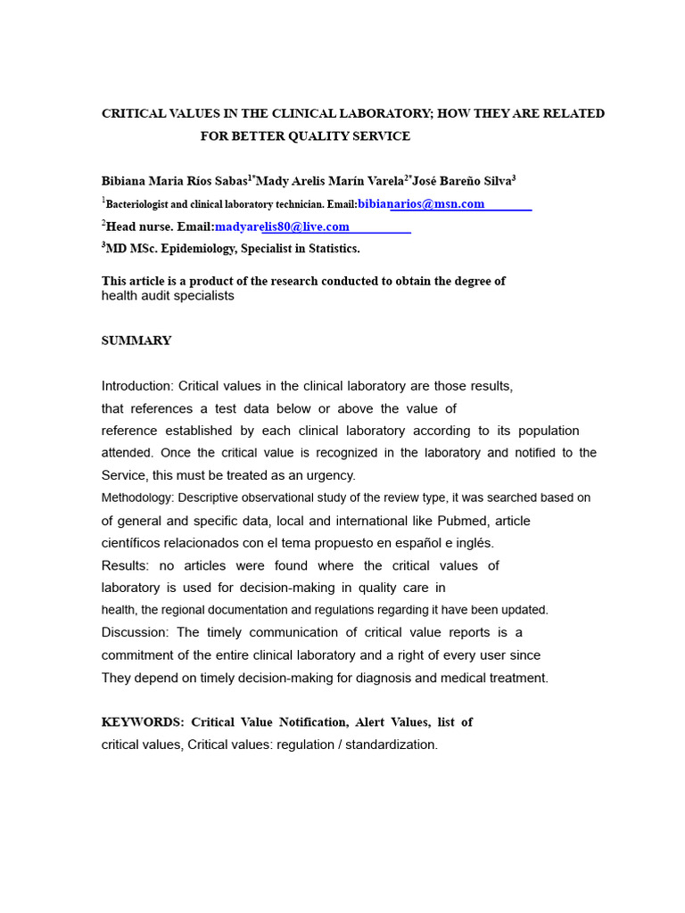 Critical Values Laboratories PDF | PDF | Medical Laboratory | Joint ...
