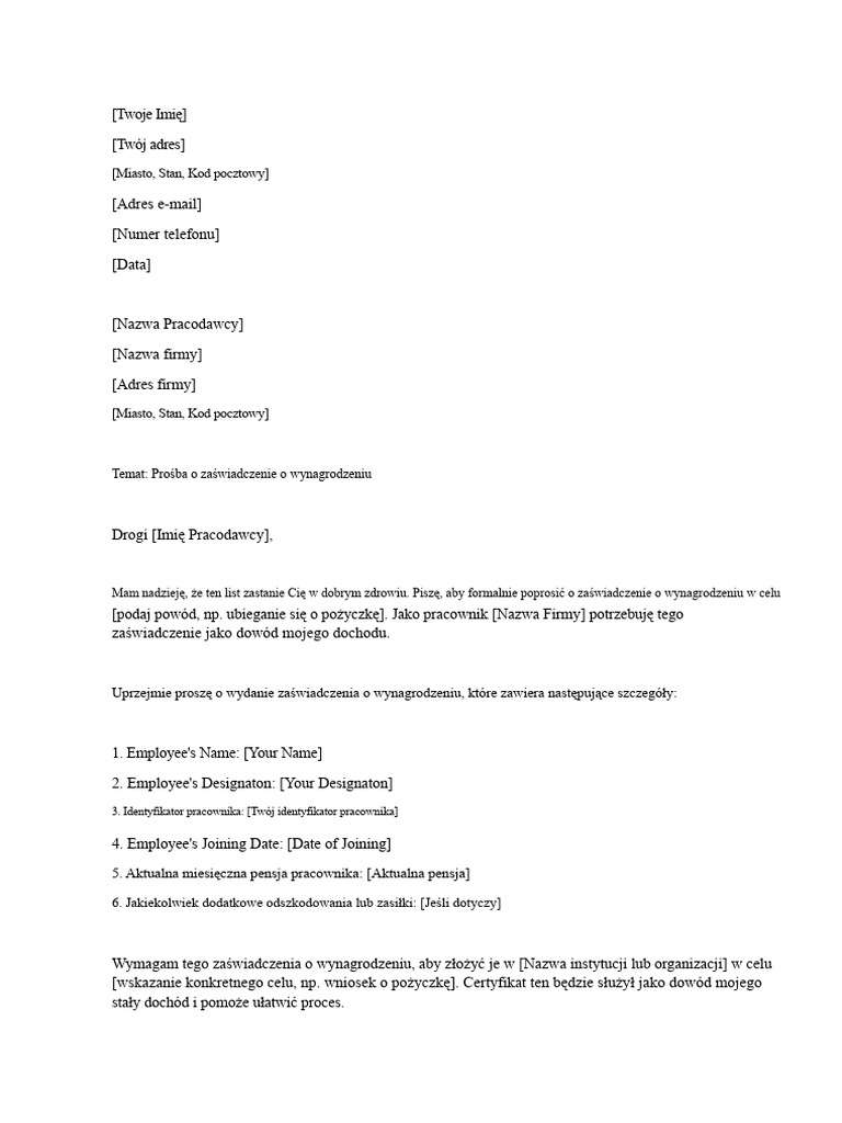 Zaświadczenie o Wynagrodzeniu List Od Pracownika Do Działu Kadr 1 | PDF