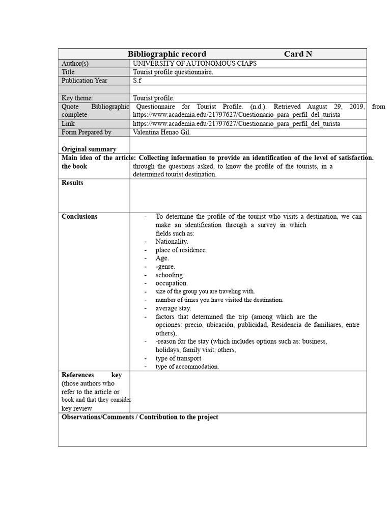Tourist Profile Sheet | PDF