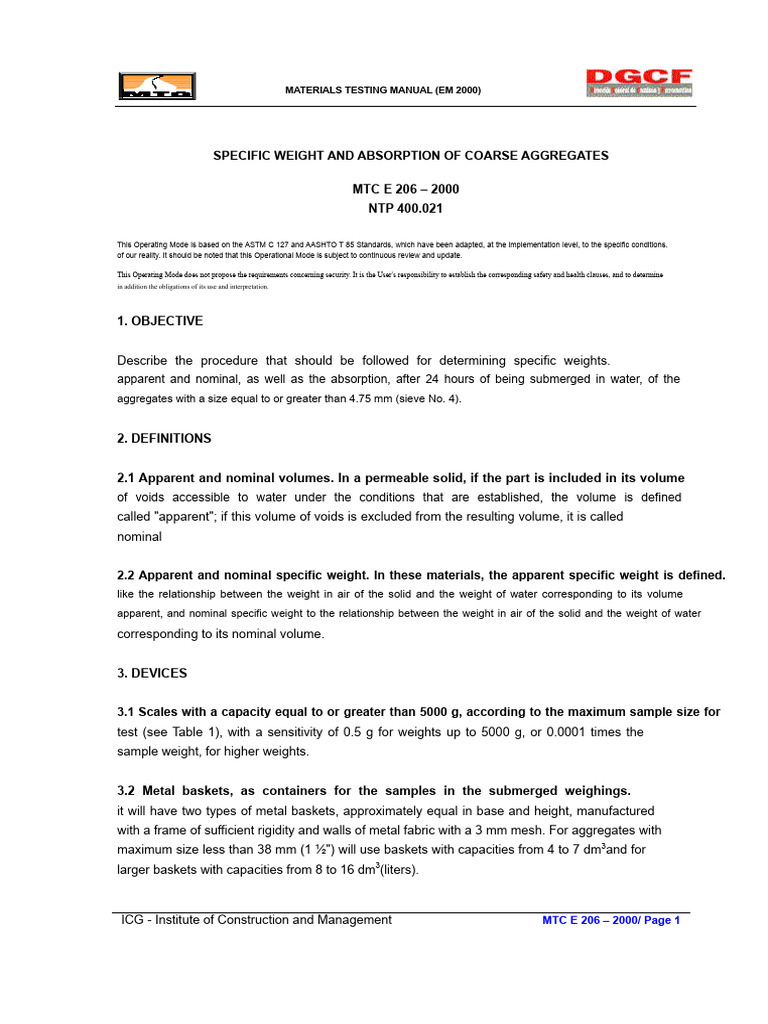 Specific Weight (ASTM C-127, AASHTO T-85) | PDF | Weight | Volume