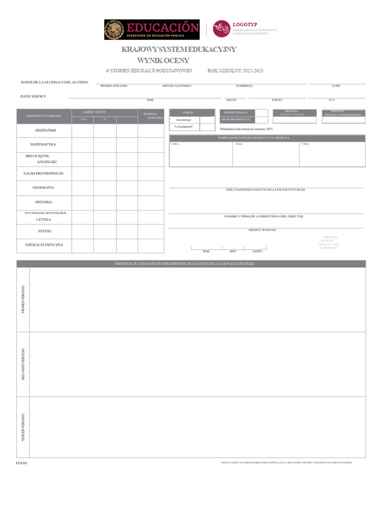 6°? Formularz Oceny 2022-2023 | PDF
