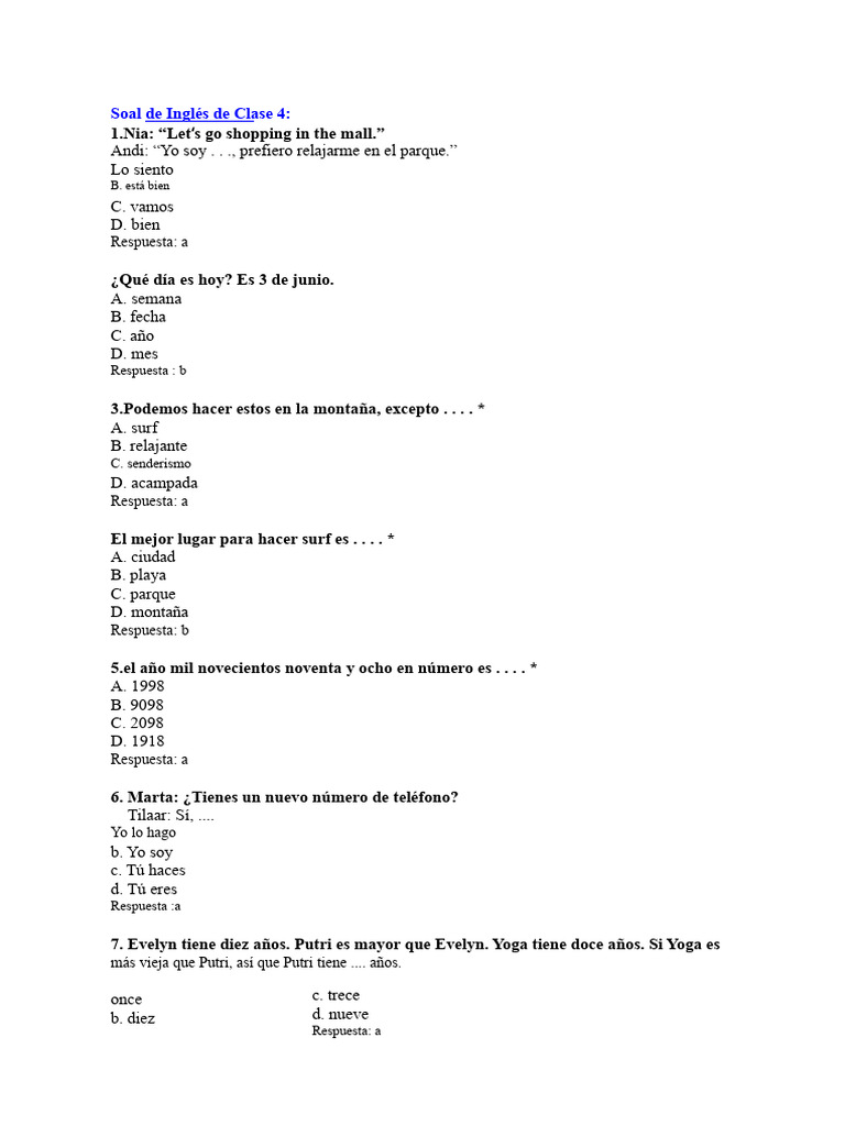 Preguntas de Inglés para Cuarto Grado | PDF