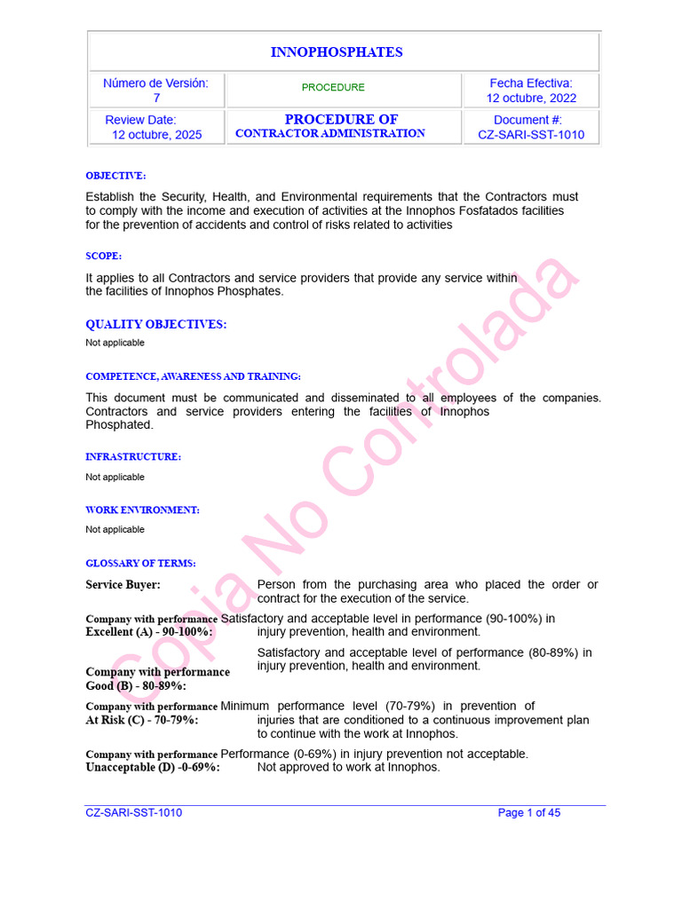 Contractor Administration Procedure at Innophos | PDF | Personal ...