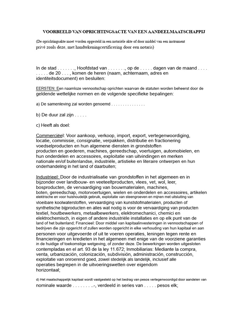Voorbeeld Van Oprichtingsakte Van Een NV | PDF
