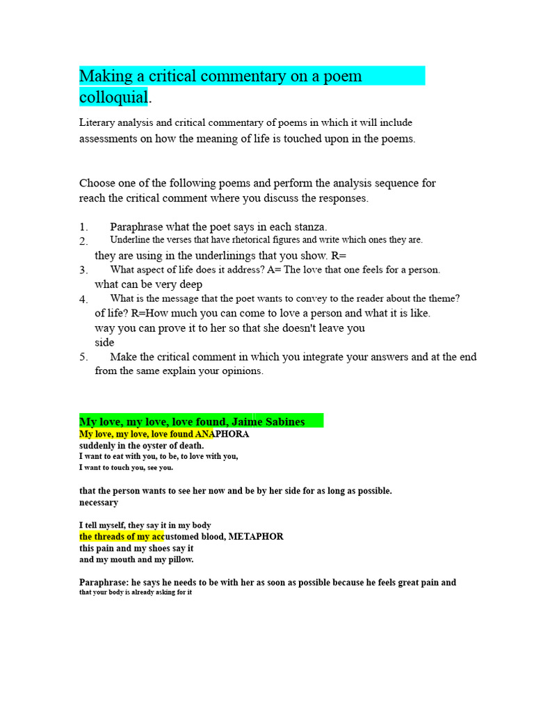 Making A Critical Commentary On A Colloquial Poem | PDF | Poetry