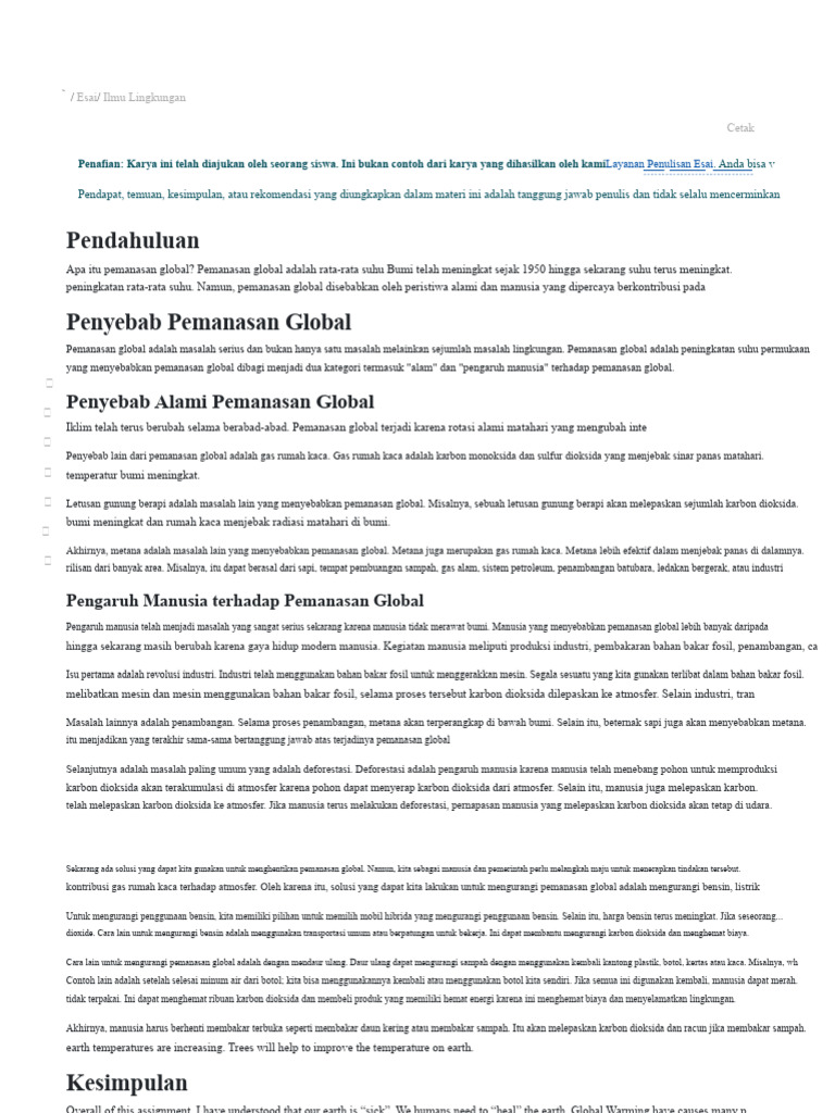 Penyebab, Dampak, Dan Solusi Untuk Pemanasan Global Esai | PDF