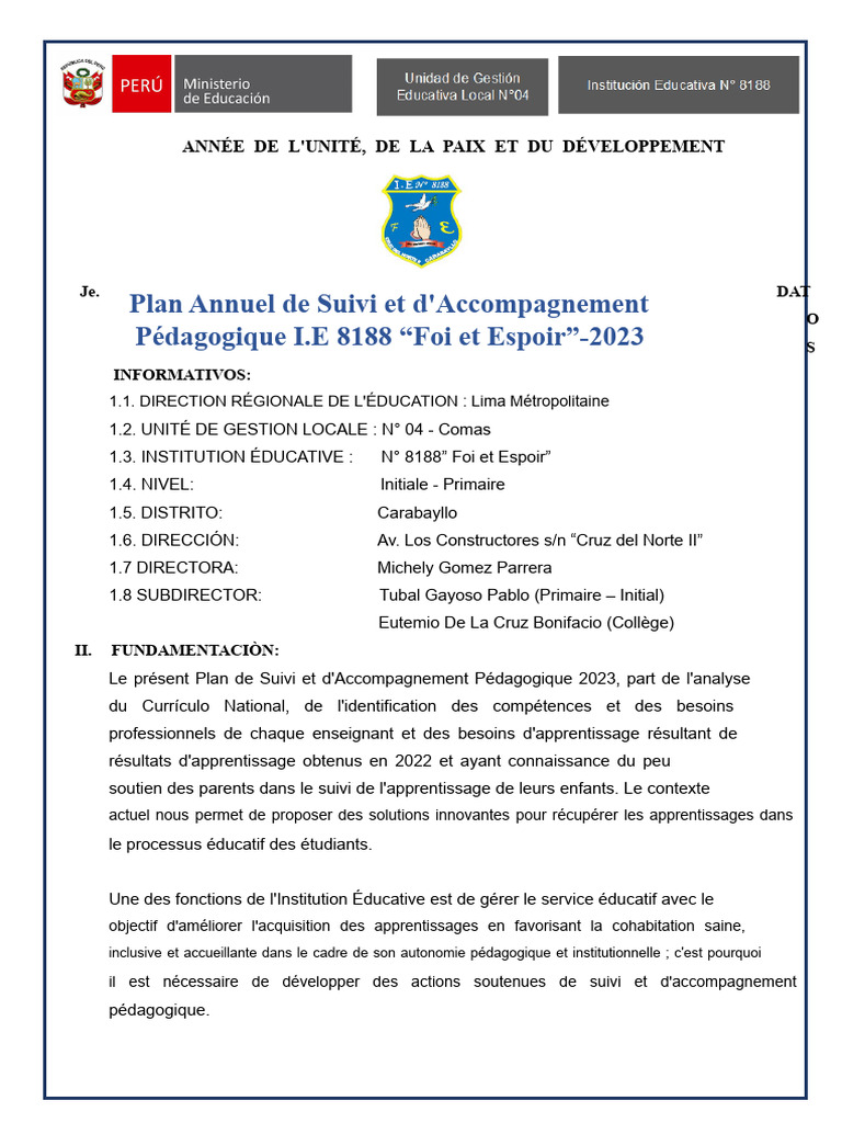 Plan de Suivi Pédagogique 2023 I.E 8188 | PDF | Pédagogie | Apprentissage