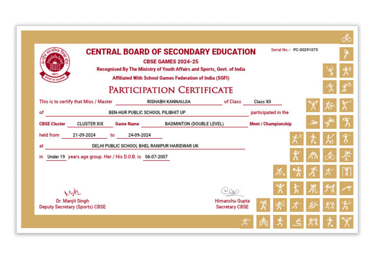 Participation Certificate - CBSE RISHABH KANNAUJIA 02 | PDF