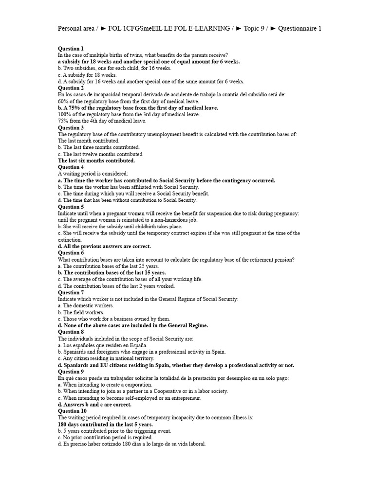 Fol Topic 9 Questionnaire 1 | PDF | Social Security (United States ...
