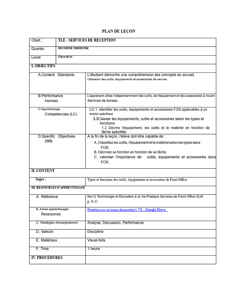 Plan de Leçon Accueil 7 | PDF