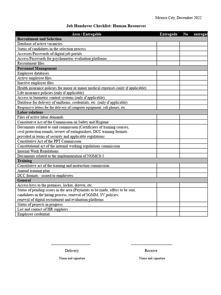 HR Job Handover Checklist Template | PDF