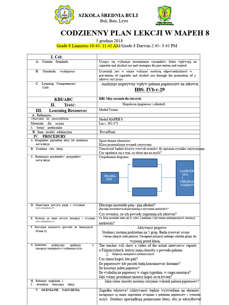 Codzienny Plan Lekcji W MAPEH 8 4. Kwartal. | PDF