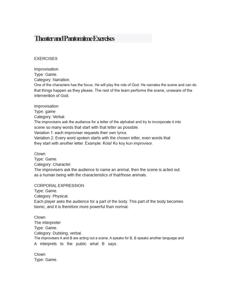 Theater and Pantomime Exercises | PDF | Improvisational Theatre | Human ...