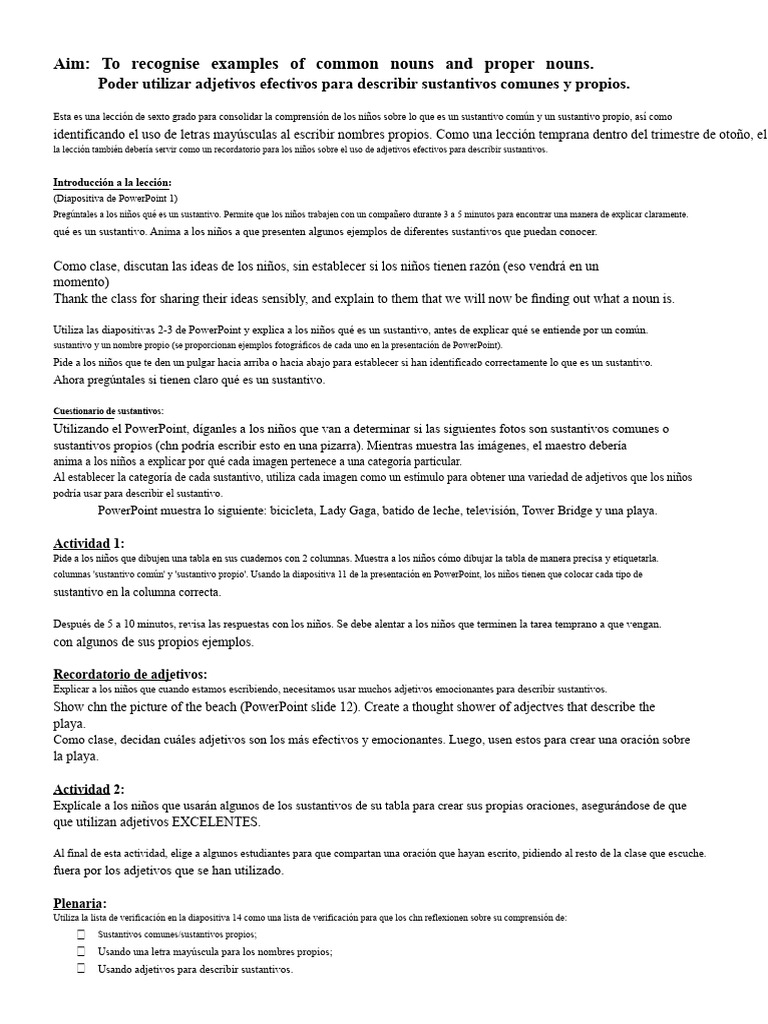 Plan de Lección sobre Sustantivos Comunes y Propios | PDF | Adjetivo | Caso de carta