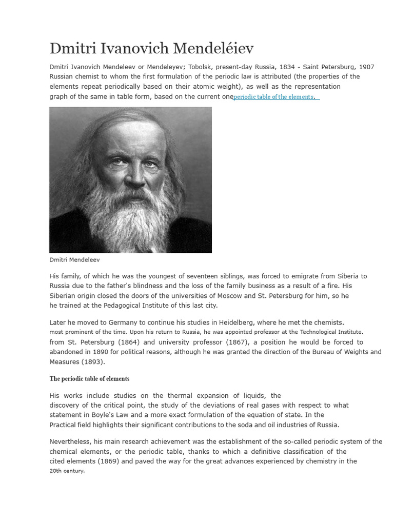 Dmitri Ivanovich Mendeleev | PDF | Physical Sciences | Chemistry
