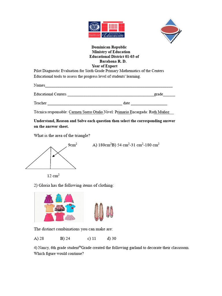 Sixth Grade Math Diagnostic Evaluation | PDF | Area | Elementary Geometry