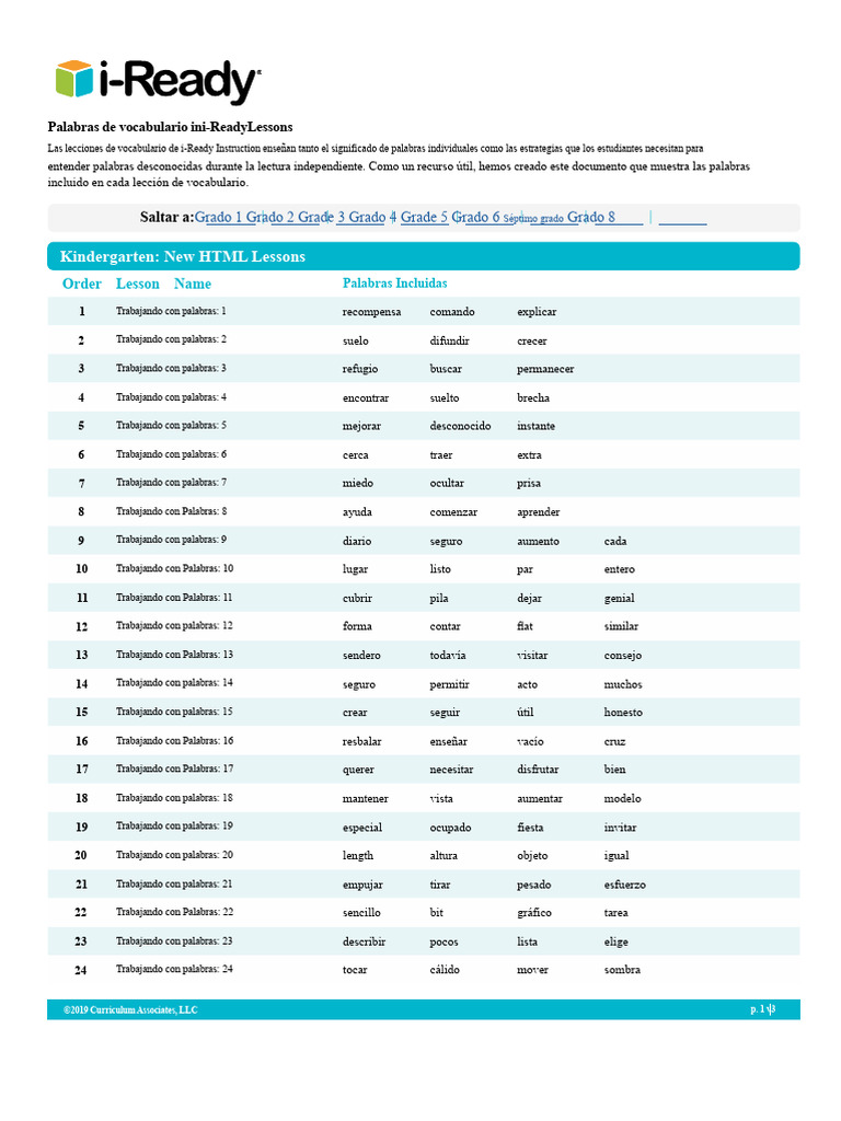 Lista de Vocabulario Iready | PDF