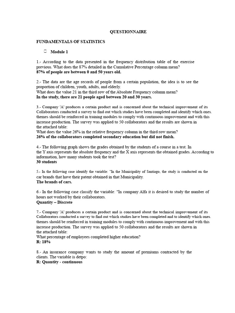 Questionnaire On The Fundamentals of Statistics | PDF | Probability ...