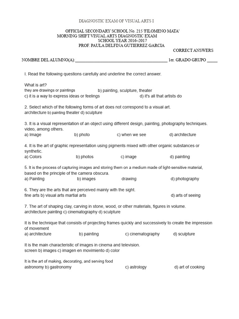 Diagnostic Exam of Visual Arts I | PDF | Paintings | Image