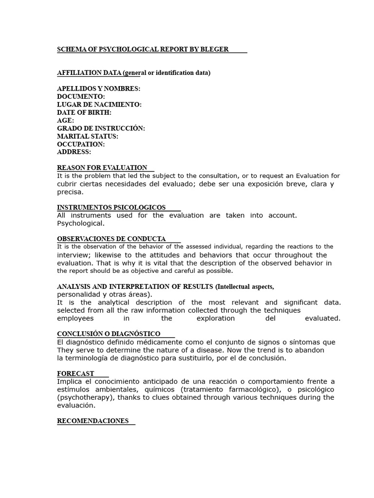 Schema of Psychological Report by Bleger | PDF